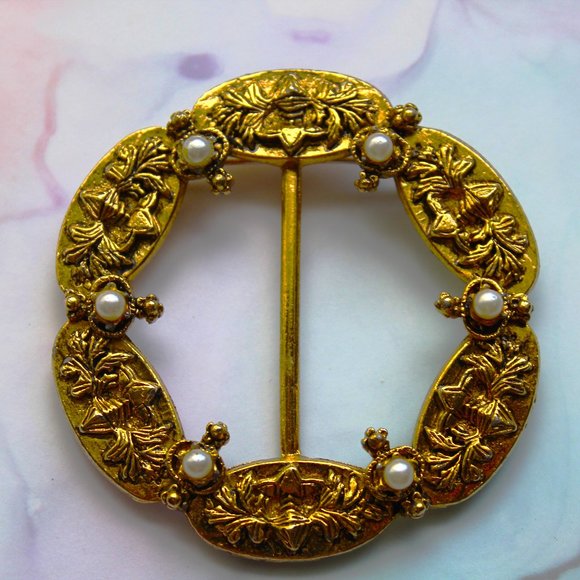 Jewelry | Vintage Scarf Brooch Golden Filigree With Faux Pearl | Poshmark